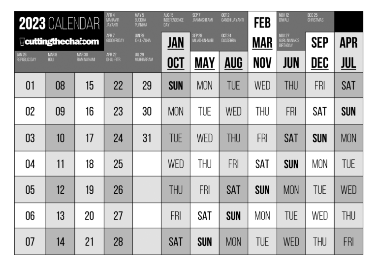 Single page 2023 printable calendar with Indian festivals and holidays ...
